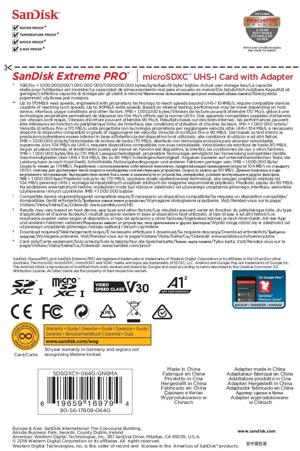 SanDisk Extreme Pro 64 GB microSDXC Memory Card + SD Adapter with A2 App Performance + Rescue ...